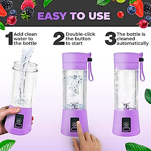 Portable Blender - Compact and USB Rechargeable Personal Travel Blenders for Smoothies, Shakes and Ice - Mini Fruit Juice Mixing Shaker Bottle - 380ml, Purple