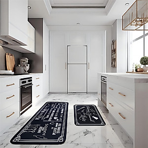 Voanos Black and White Kitchen Rugs,Non Skid Washable Microfiber mats for Kitchen Floor, Kitchen Rules Theme Kitchen Cushioned Runner Rug Decor Sets of 2,Size 17"x 47"+17"x 30"