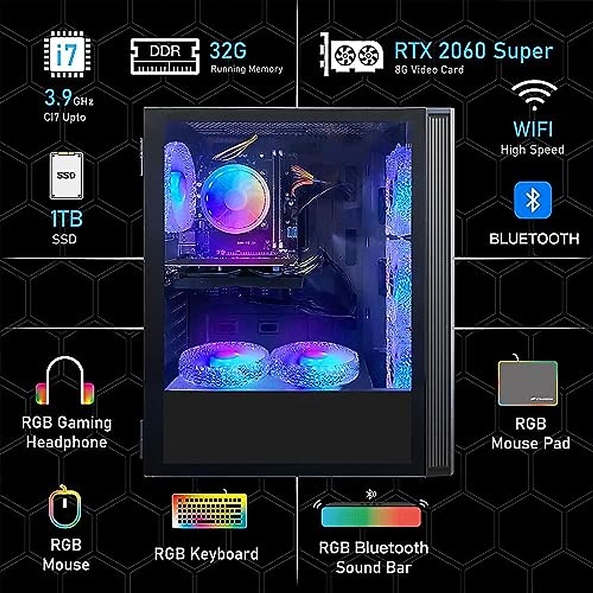 STGAubron Gaming Desktop PC,Intel Core i7 3.4G up to 3.9G,GeForce RTX 2060 Super 8G GDDR6,32G,1TB SSD,WiFi,BT 5.0,RGB Keybaord,RGB Mouse,RGB Mouse Pad,RGB BT Sound Bar,RGB Bluetooth Headset Mic,W10H64