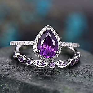 2023 New Shining Amethyst Ring Tear Drop Shape Cubic Zirconia Promise Rings Set Teardrop Ring Engagement Wedding Band Ring Sets Ring Womens (Purple, 7)