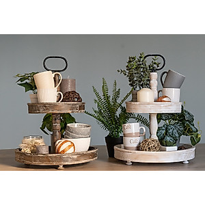 BonzaiKit Two Tier Wood Tray with Wooden Beads - Farmhouse Rustic 2 Tiered Serving Stand for Kitchen & Home Decor - Cupcake Stand with Metal Holder