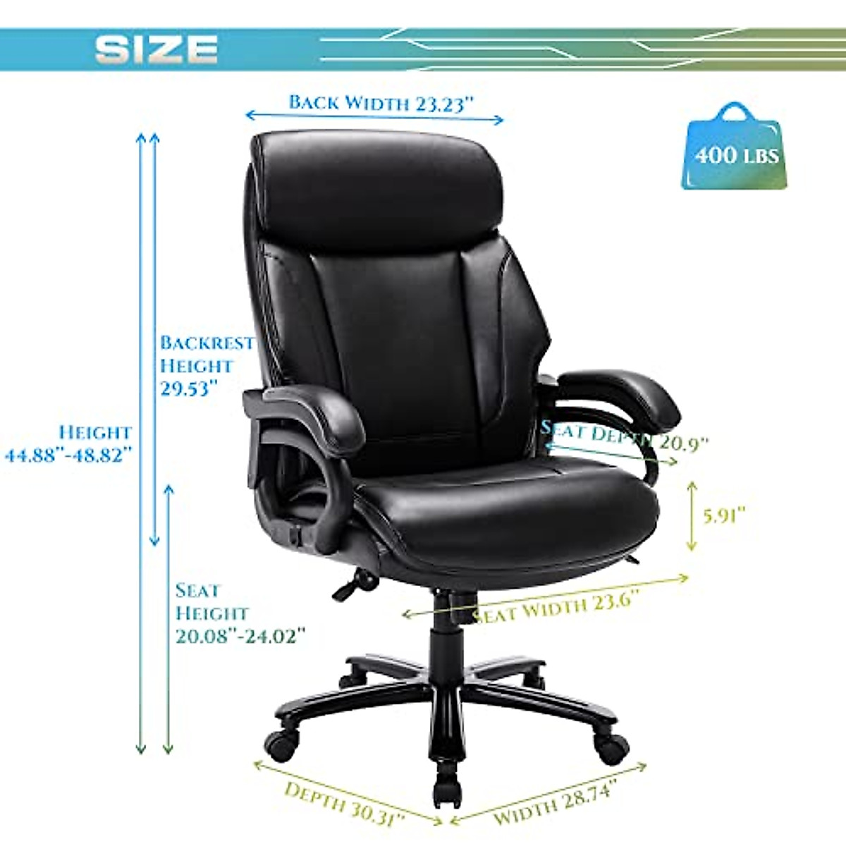 Big and Tall Office Chair 400lbs-Heavy Duty Executive Desk Chair with Extra Wide Seat, High Back Ergonomic Leather Computer Chair with Tilt Rock&Tension, Padded Armrests-Black