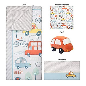 Sammy & Lou Beep Beep 4-Piece Baby Nursery Crib Bedding Set, Includes Quilt, Fitted Crib Sheet, Crib Skirt, and Plush Toy