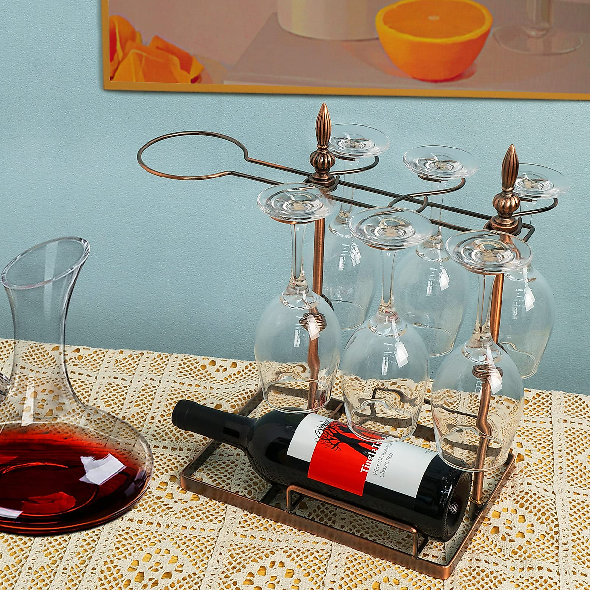 Migecon 3-In-1 Metal Countertop Wine Glass Holder With Wine Racks And Wine Decanter Drying Stand,Freestanding Tabletop Stemware Storage Rack,Vintage Wine Glass Drying Rack.