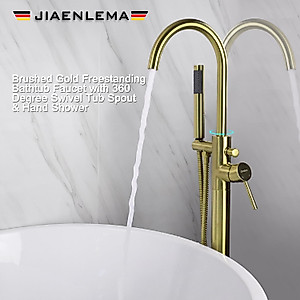 Freestanding Bathtub Faucet Brushed Gold Floor Mount Tub Filler with Single Handle, Free Standing Tub Faucet with Swivel Tub Spout, Modern Tub Shower Faucet with Hand Shower 59〞 Shower Hose JIAENLEMA
