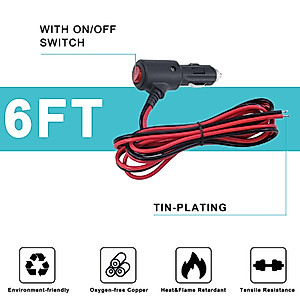 12V Cigarette Lighter Plug with On Off Switch - 6FT 16AWG Fused 15amp Male Plug Cigarette Lighter Replacement with Led Lights,12V Cigarette Lighter with Lead for Car Cooler,Cb Radio, Air Compressor