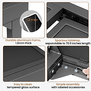 PATIOHIT Modern Aluminum Outdoor Dining Table - Expandable Patio Glass Dining Table for 6-8, Extendable Aluminum Patio Extender Table 35" to 70" for Backyard, Porch, Deck, Garden - Dark Grey