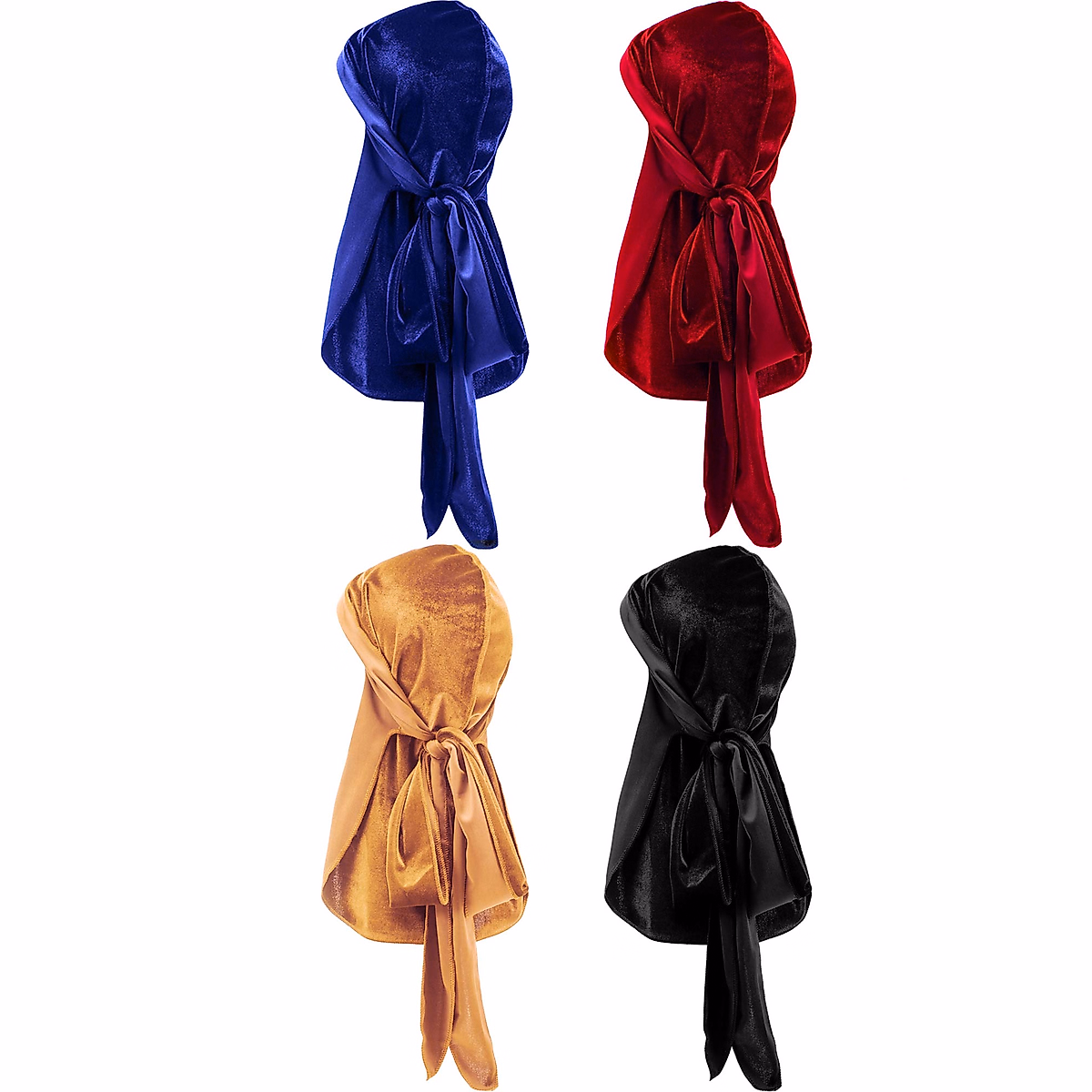 4 Pieces Men's Velvet Durag with Long Tail Soft Durag Headwraps for 360 Waves (Royal blue, Red, Gold, Black)