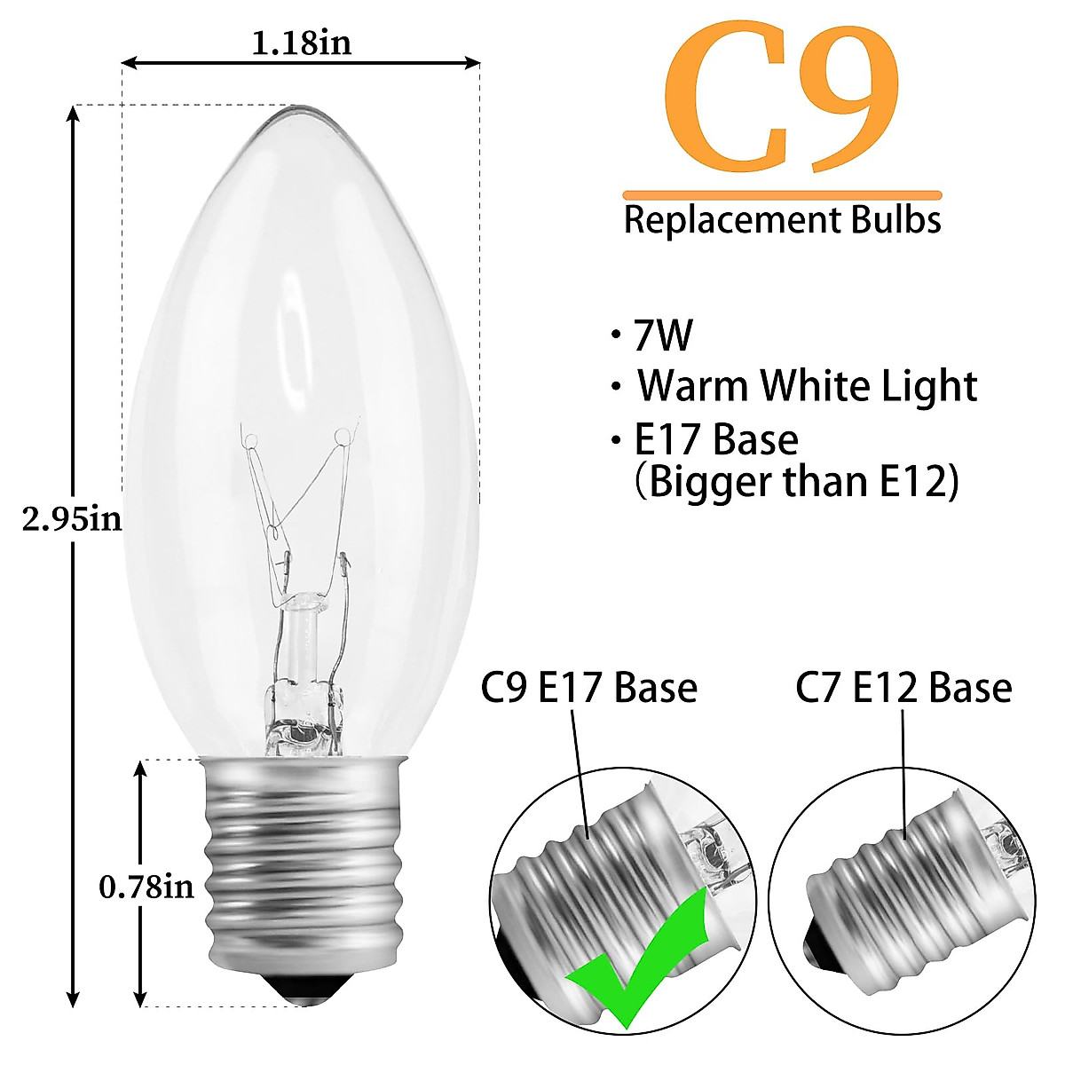 AUMAYCO C9 Replacement Bulbs Clear Incandescent Bulbs 25 Pack, C9 Christmas Light Replacement Bulbs for Christmas String Light, E17 Intermediate Base, 7 Watt Per Bulb
