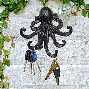 Ymaiss 2 Pack Rustic Antique Black Cast Iron Octopus Hooks,Key Hooks,Sea Theme Hook,Coastal Hook,Decorative Swimming Octopus Tentacles Key Hook Matching Screws Included