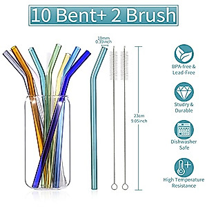 RENYIH 10 Pcs Reusable Bent Glass Drinking Straws,9''x10 mm Colorful Glass Straws for Beverages, Shakes, Milk Tea, Juices,Set of 10 Bent with 2 Cleaning Brushes -Shatter Resistant