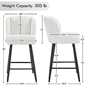Yaheetech Bar Stools Set of 4 Boucle Fabric Upholstered Counter Height Stools Armless Kitchen Island Stools with Black Metal Legs for Pub Club Kitchen, White