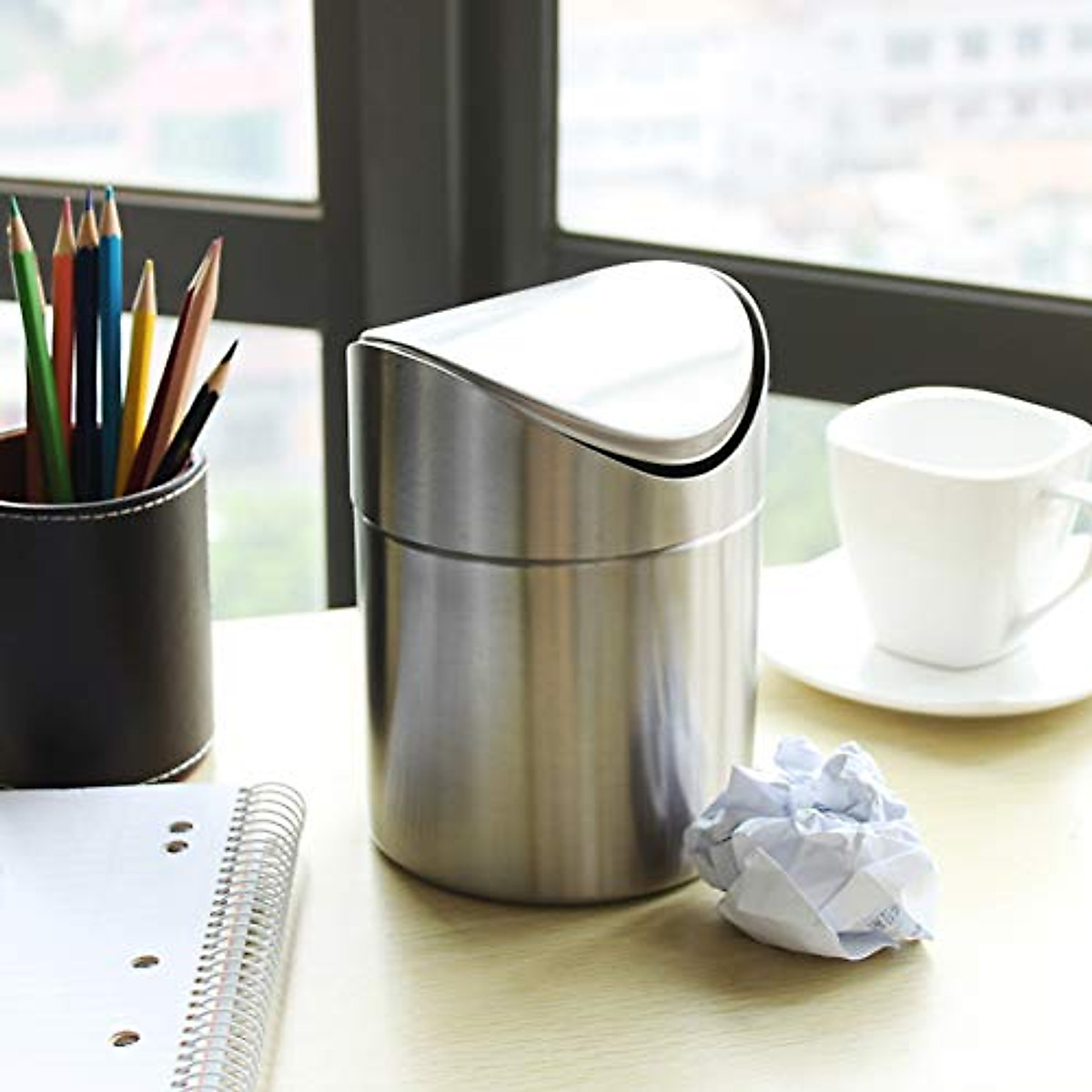 Stainless Steel Small Trash Cans , Trumpet Desktops Mini Creative Covered Desk Kitchen Living Room Trash Cans 5" x 6.5" inch