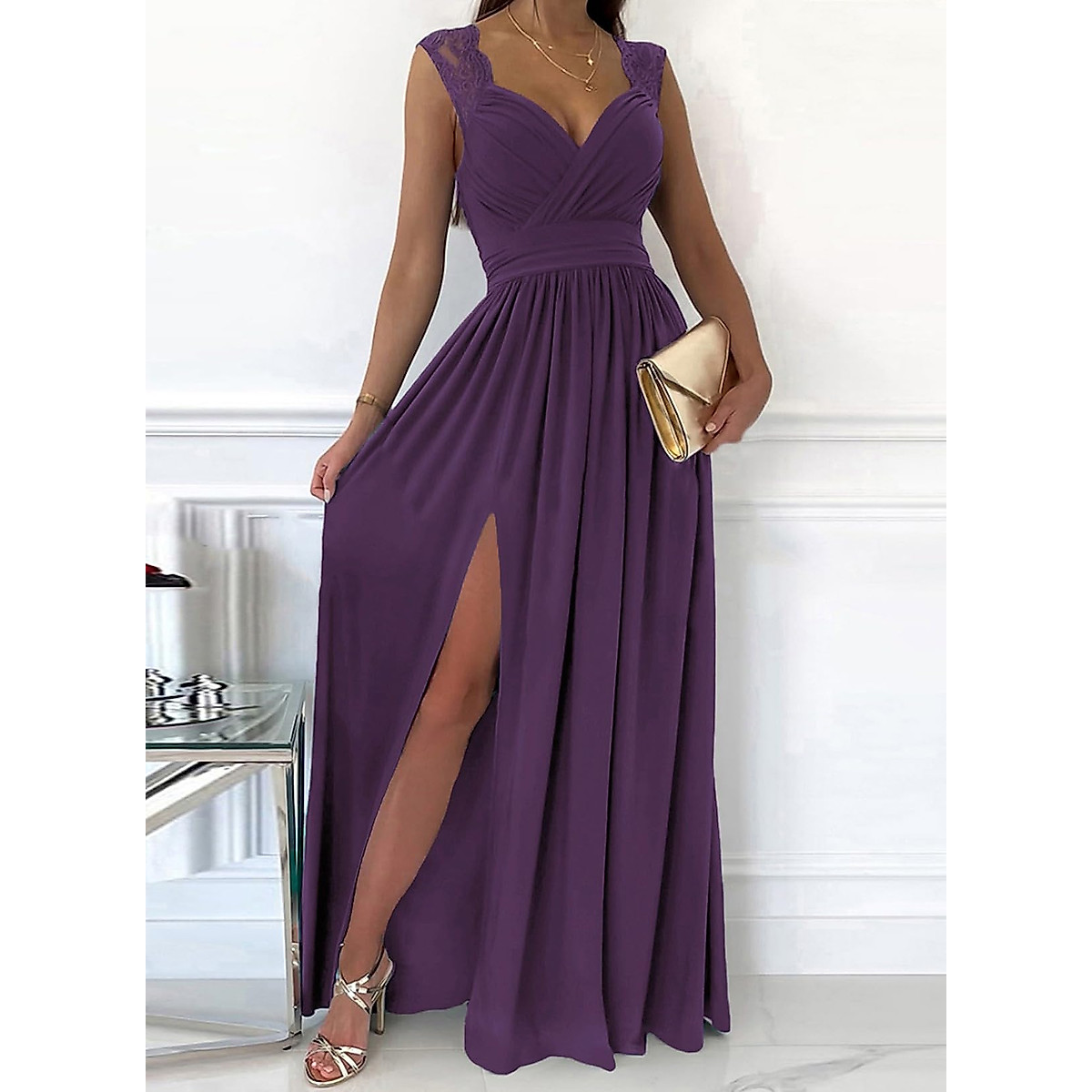 Dokotoo Womens Ladies Elegant Floor Length A Line Wrap Deep V Neck Backless Ruched Pleated Ruffled Split Long Maxi Formal Evening Party Prom Dress Bridesmaid Wedding Guest Dresses for Women Purple L