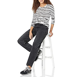 Amazon Essentials Women's Classic-Fit Long-Sleeve Crewneck T-Shirt (Available in Plus Size), Black/White Stripe, Small