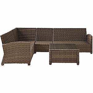 Crosley Furniture Bradenton 5-Piece Outdoor Sectional Sofa Wicker Conversation Patio Furniture Set for Deck, Brown with Navy Cushions