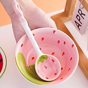 Hemoton Ceramic Salad Bowl with Spoon Strawberry Fruit Shape Ice Cream Cups Dessert Bowl Snack Bowl Fruit Bowl Appetizer Plates for Soup Cereal Nuts Oatmeal Fruit Prep