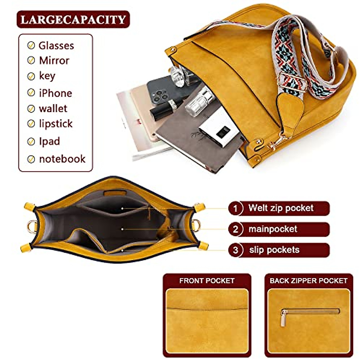 HKCLUF Crossbody Bag Purse for Women Set Leather Hobo Handbag Purse and Wallet Set With 2PCS Adjustable Guitar Leopard Strap Crossbody Bag(Yellow)