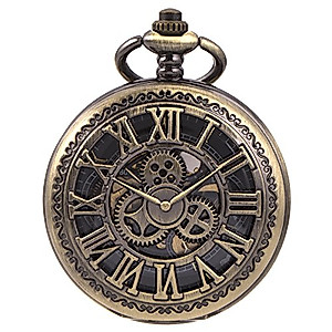 SIBOSUN Pocket Watch Skeleton Mechanical Double Case Hand-Wind Bronze Roman Numerals Antique Chain Mens