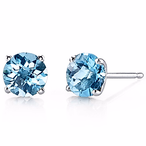 Peora Solid 14K White Gold Swiss Blue Topaz Stud Earrings for Women, Genuine Gemstone Birthstone Solitaire Round Shape, 6mm, 2 Carats total, Friction Back