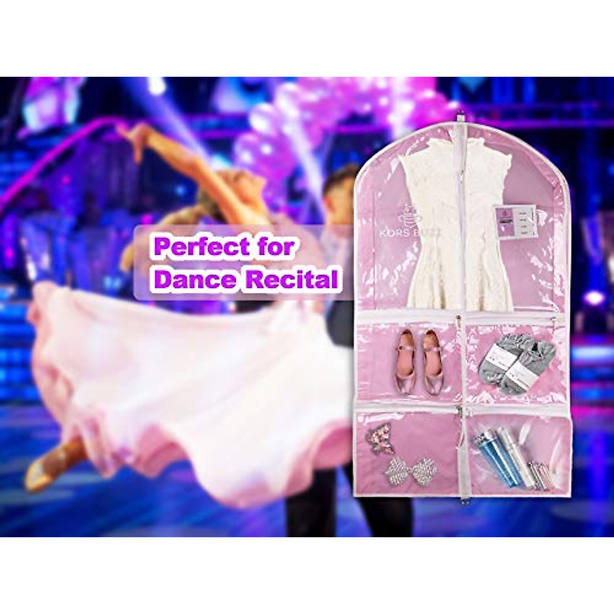 Hiverst Dance Garment Bag with Zipper Pockets Set, Dance Costume Recital Competition Bags Caddy, 38" Hanging Pink Dress Cover Wardrobe Storage Bag Pack with Clear Window for Kids, Girl Dancer…