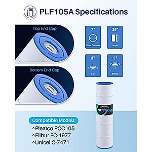 POOLPURE PCC105-PAK4 Replaces Pentair CCP420, 178584, Unicel C-7471, 817-0106, R173576, Filbur FC-1977, 570-0425-07, Pentair Clean and Clear Plus 420, L x OD: 26"x7", 4X105 sq.ft. Cartridge