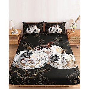 Bedding Full Size Fitted Sheets Fit 5"-16" Deep Pocket Mattress,Flower Sketch Oil Painting Pumpkin Soft Bottom Sheet Autumn Gold Leaves on Black Fitted Sheet Bed Set with Pillow Case