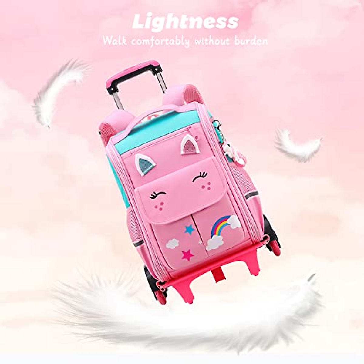 Girls Rolling Backpack with 6 Wheels, 16 Inch Lightweight Roller Backpacks for girls Elementary, Carry-on wheeled backpack for School Travel, 4+ Years Old, Pink