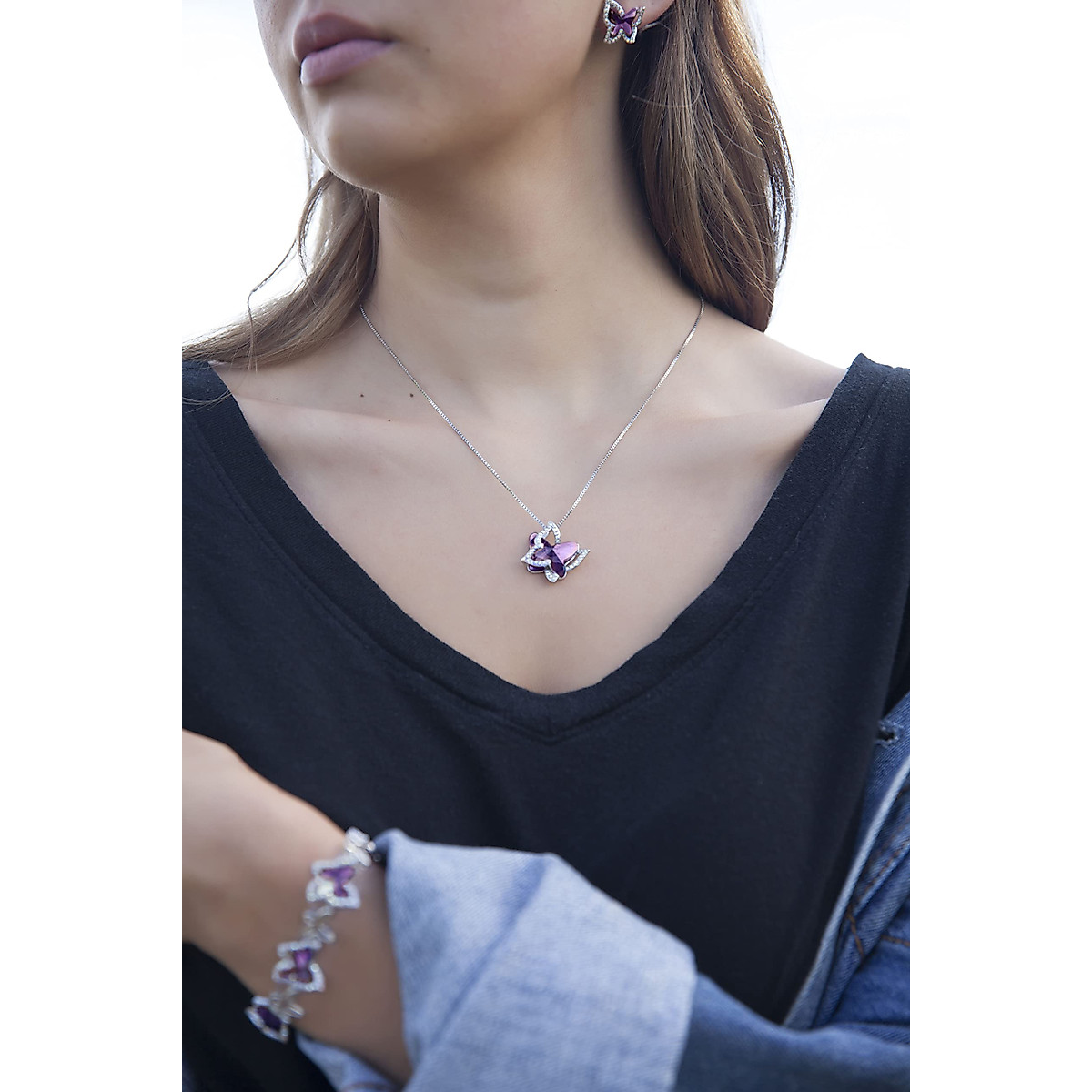 GEMMANCE Butterfly Link Charm Bracelet with Amethyst Pink Birthstone Crystal for February, Silver-Tone, 18”+2”Chain