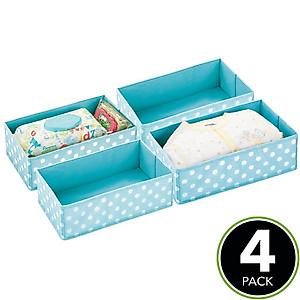 mDesign Fabric Drawer Organizer Bins, Kids/Baby Nursery Dresser, Closet, Shelf, Playroom Organization, Hold Clothes, Toys, Diapers, Bibs, Blankets, 4 Pack - Turquoise Blue/White Polka Dot