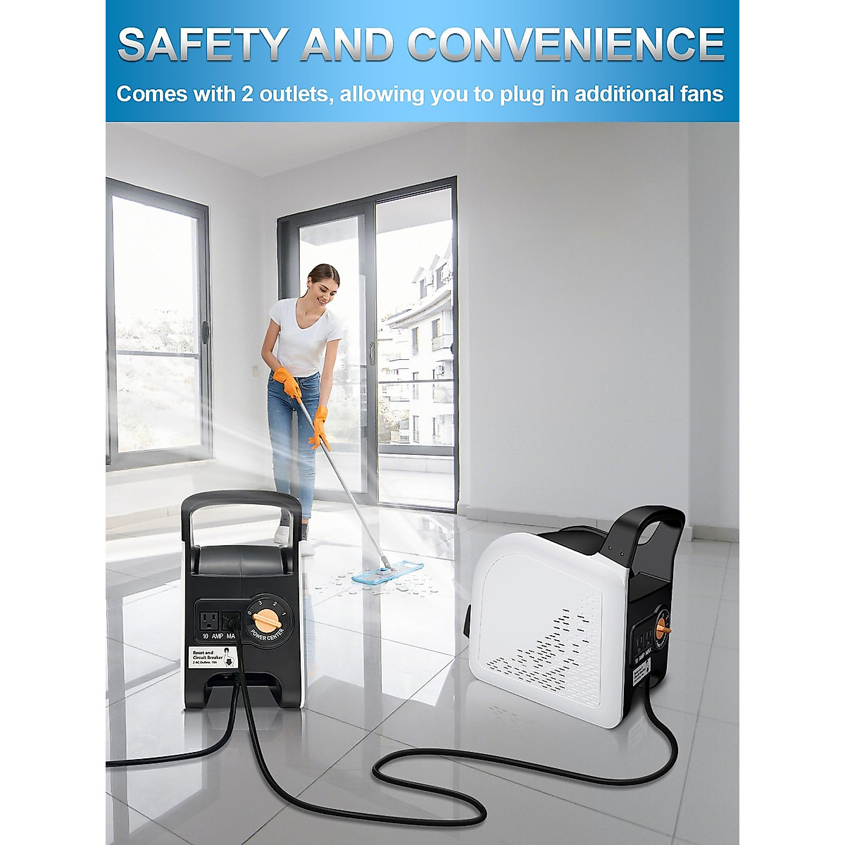 Huilynsen Air Mover Blower Fan - Floor Drying Fan for Cooling, Drying and Exhausting at Home, Garage, Shop, 3 Speeds Portable Utility Fan, 2 AC Outlets and Circuit Breaker with Reset