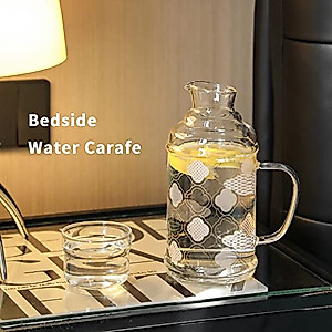 WONDER NEST Glass Pitcher with Lid - Bedside Water Carafe with Tumbler, Berverage Serveware Iced Tea Juice Milk Jug with Cup for Home Bedroom Nightstand (Coral Pattern)