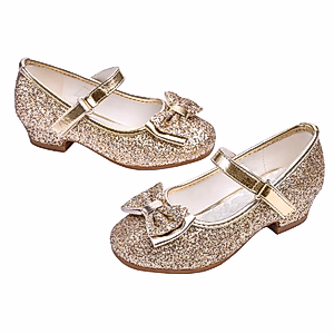 Stelle Girls Dress Shoes Glitter Princess Shoe Flower Mary Jane Low Heels Party Wedding Prom Footwear for Toddler Kids(T08-Gold, 2ML)