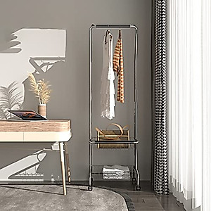 aixsponsa Rolling Clothes Rack with 2 Tier Basket, Freestanding Clothing Racks for Hanging Clothes, Metal Garment Rack with Wheels, Chrome