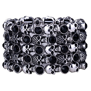 YACQ Women's Skull Stretch Cuff Bracelets - Elastic Band Fit Wrist 7 to 8 inch - Lead & Nickle Free - Women Biker Jewelry