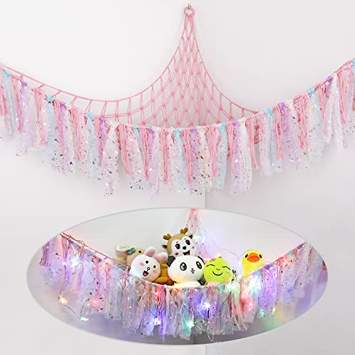 Stuffed Animal Net or Hammock with LED Light, Toy Hammock Hanging Stuffed Animal Storage Organizer Holder Room Décor with Tassels for Nursery Play Room Kids Bedroom (Pink)