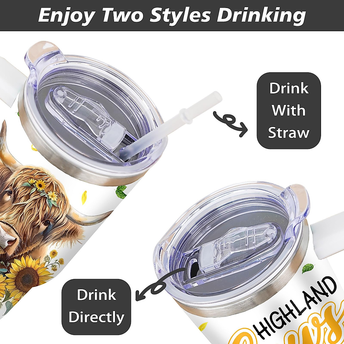 thmasamwr Cow Print Tumbler with Lid and Straw, Stainless Steel 40oz Tumbler with Handle, Sunflower Cow Print Travel Coffee Mug Water Bottle, Highland Cow Gifts Cups for Women and Girls
