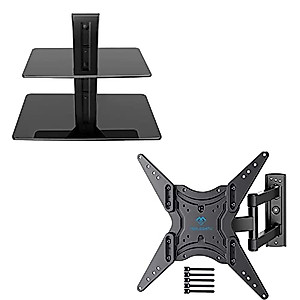 PERLESMITH Floating Wall Mounted Shelf Double AV Shelf & PERLESMITH Full Motion TV Wall Mount for 26-60 Inch TVs