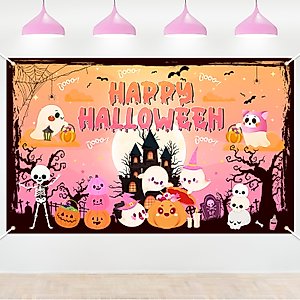 Lecheme Happy Halloween Backdrop Orange Pink Halloween Backdrop for Kids Cute Ghost Pumpkin Spooky Castle Halloween Banner Halloween Photo Booth Background