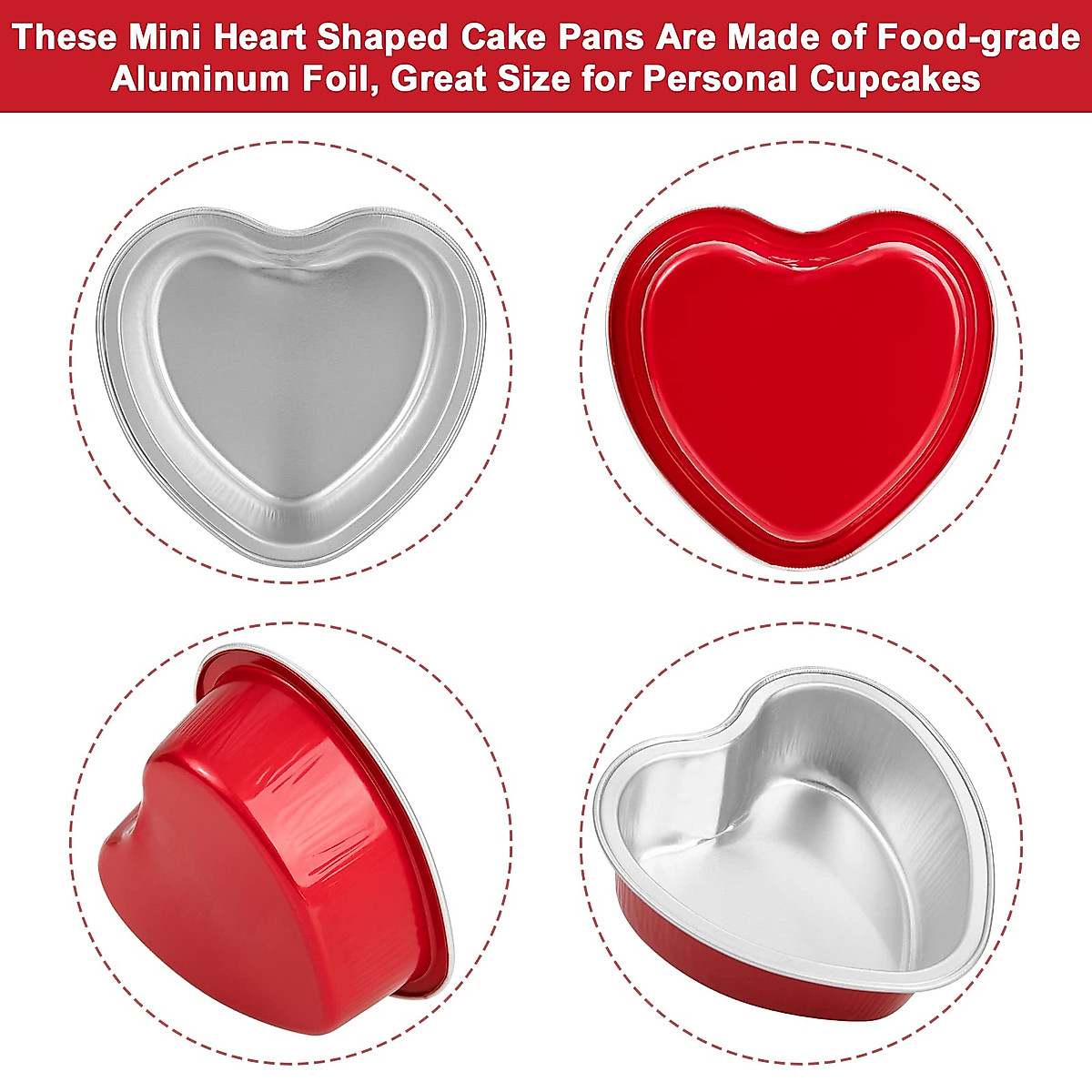 HEYYUMI Mini Heart Shaped Cake Pans with Lids, 50pcs 3.4oz Aluminum Foil Heart Cake Pan,Disposable Heart Cupcake Cups Liners Tins Ramekins Containers for Valentine's Day Weddings Anniversaries(Red)