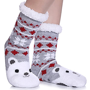 FNOVCO Kids Slipper Socks Boys Girls Fuzzy Soft Thick Cozy Warm Fleece lined Winter Indoor Christmas Socks (8-12 Years, Polar Bear)