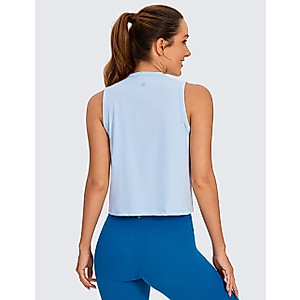 CRZ YOGA Pima Cotton Cropped Tank Tops for Women Soft High Neck Crop Workout Top Athletic Yoga Basic Sleeveless Shirts Blue Linen Medium