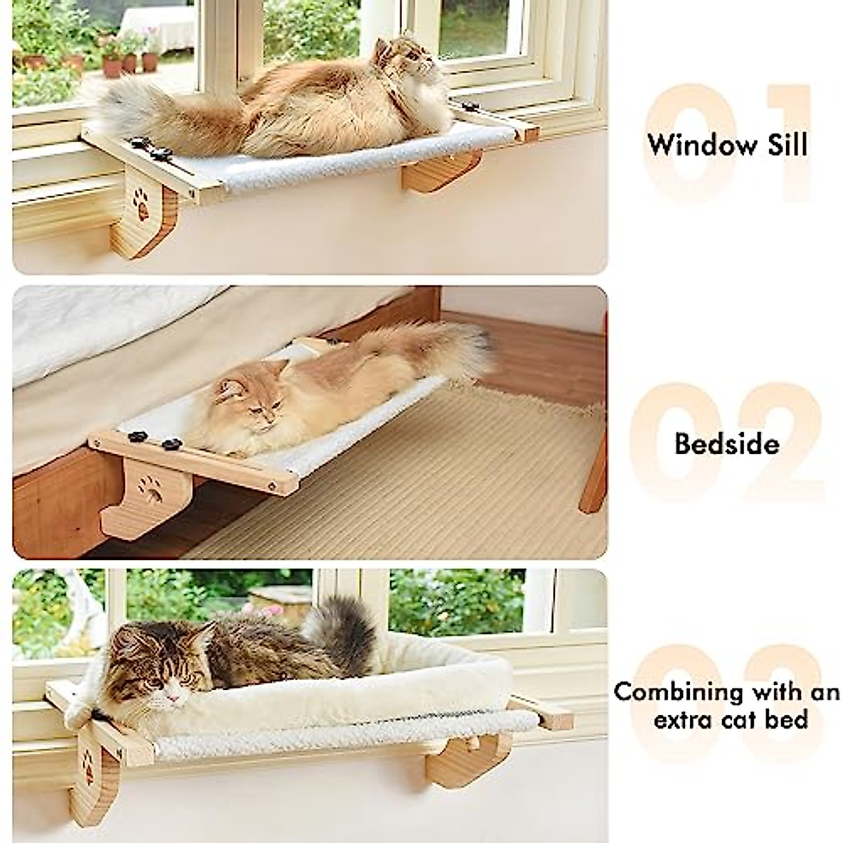 AMOSIJOY Cat Sill Window Perch Sturdy Cat Hammock Window Seat with Wood & Metal Frame for Large Cats, Easy to Adjust Cat Bed for Windowsill, Bedside, Drawer and Cabinet (21.7''-White Plush)