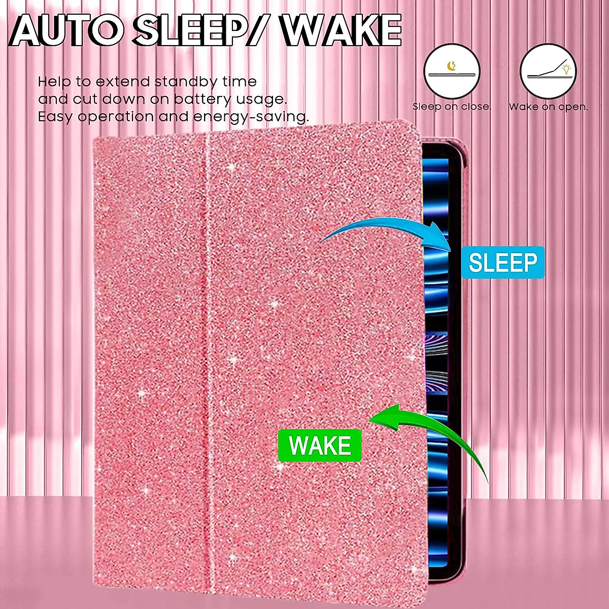 CASZONE Case for iPad Air 13 inch 2024 iPad Pro 12.9 6th/5th/4th/3rd Gen.iPad Pro12.9/Air13 Glitter Case Support Pencil Charging with Folio Kickstand Slim Smart Cover Auto Sleep/Wake,Hand Strap Pink