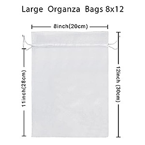 Jexila 50 Pack White Organza Bags 8X12 inch Large Mesh Gift Drawstring Pouch Goodie Bags for Party Christmas Wedding Party Favor Bags (White)