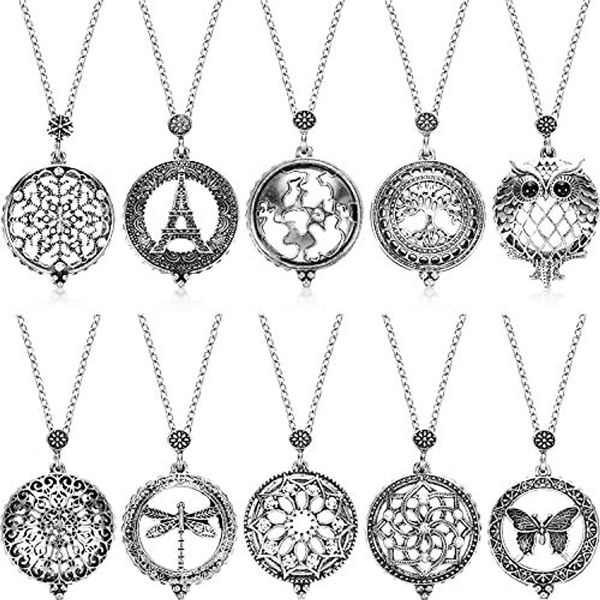 10 Pieces Magnifying Glass Long Necklace with Reading Magnifying Glass Pendant (Antique Silver)