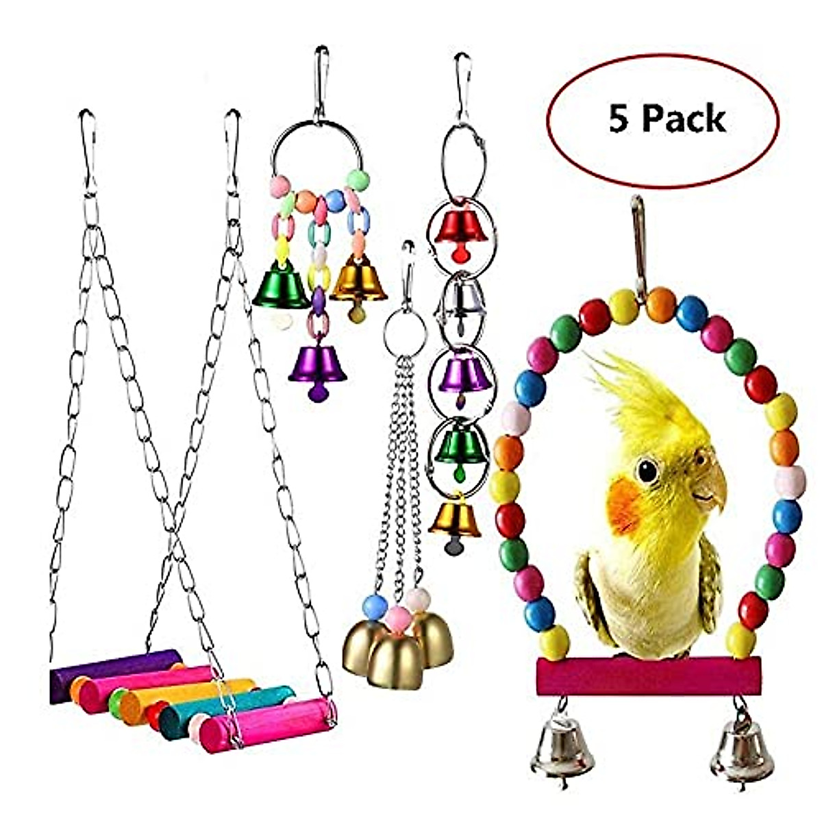 5 Pieces Birds Toys, Cages Decorative Accessories, Hanging Hammock Bell Swing Chewing Toys for Parrots, Small Parakeet, Parakeet, Conure, Cockatiel, Love Birds, Mynah