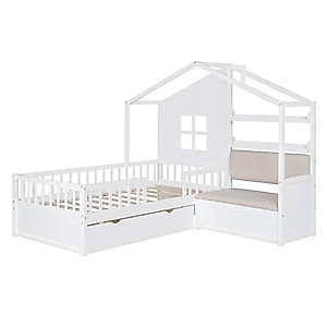 BOVZA Kids Twin Size House Bed with Sofa Bench and 2 Drawers, Wood Platform Bed Frame with Fence and Roof, Storage Shelves, for Girls Boys, White