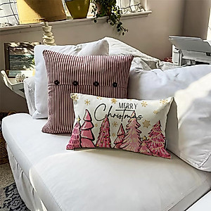 CARRIE HOME Pink Christmas Decorations Pink Christmas Tree Lumbar Pillow Covers 12x20 Set of 2 Pink Truck Decor Merry Christmas Outdoor Throw Pillows 12 x 20 for Porch and Patio (No Pillow Inserts)