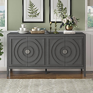 P PURLOVE Retro Accent Sideboard Cabinet with 4 Doors, Freestanding Storage Console Table with Circular Groove Design and Metal Door Handle, Wooden Sideboarddoor for Dining, Hallway (Gray)